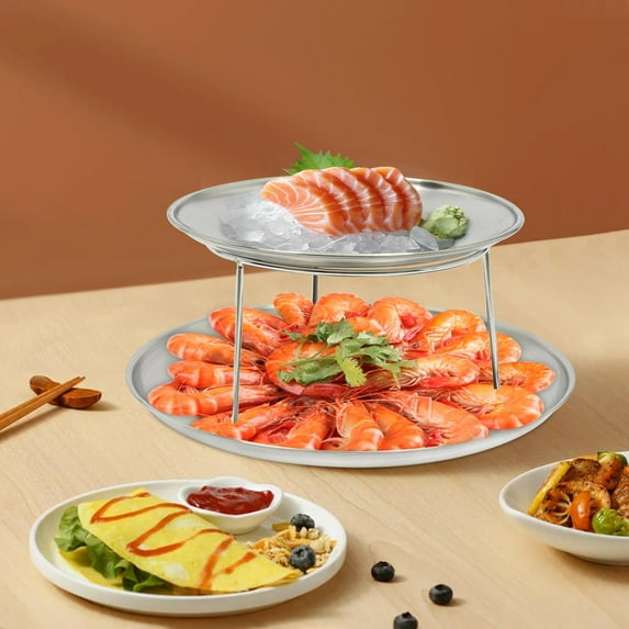2 Tier Food Serving Riser Seafood Plate, Round Plate Rack Silver Tray ...