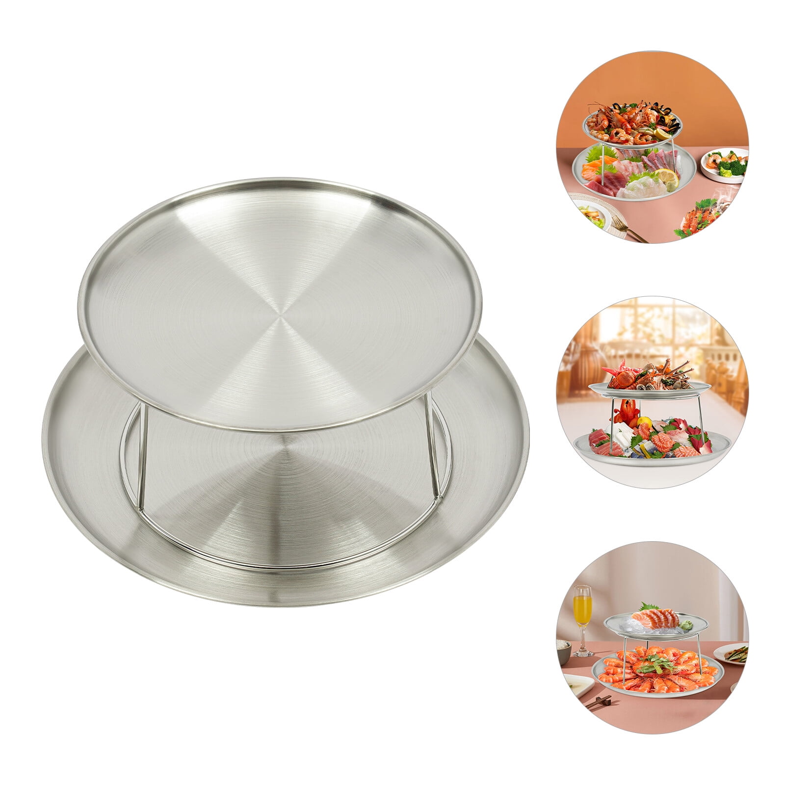2-Tier Food Serving Riser Seafood Plate Round Plate Rack Silver Tray ...