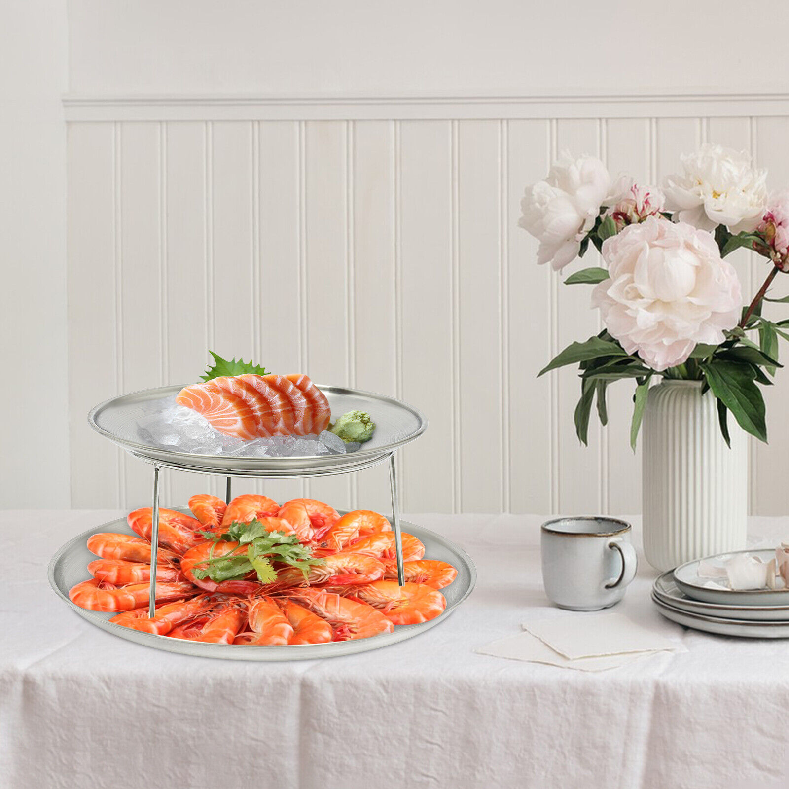 2 Tier Food Serving Riser Seafood Plate Round Plate Rack Silver Tray ...