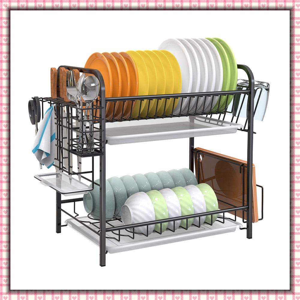 2 Tier Freestanding Dish Rack with Drainboard Dish Holder for Kitchen ...