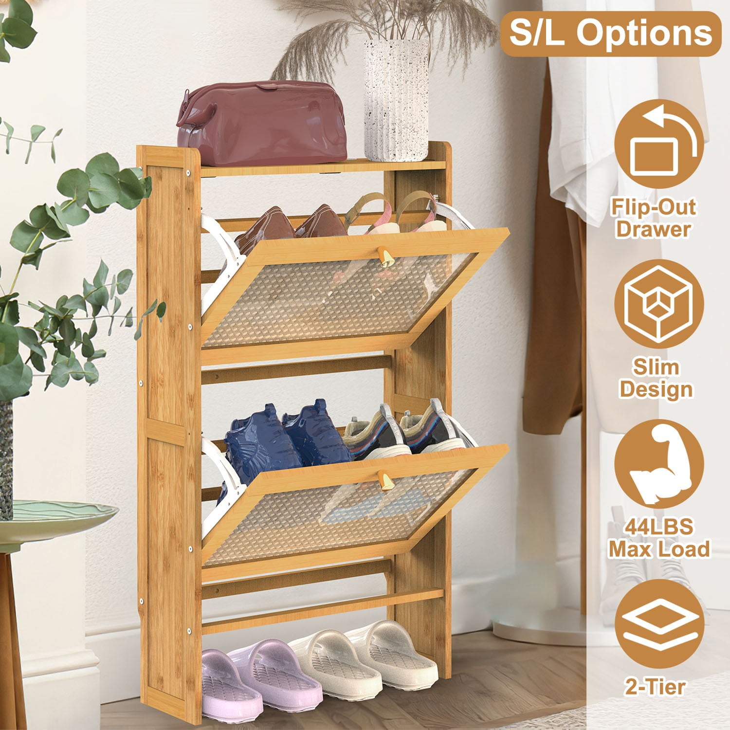 2-Tier Freestanding Narrow Shoe Cabinet w/ 2 Flip Drawers 44lbs Max ...