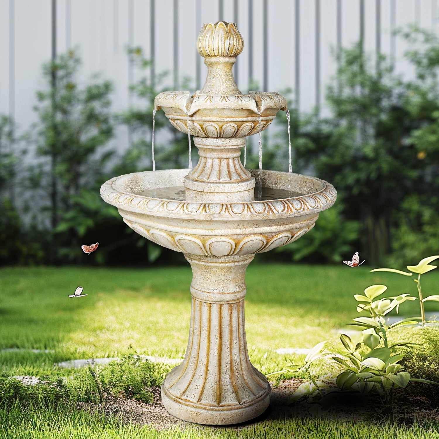 2-Tier Freestanding Waterfall Fountain w/Pump & Flower Top, 40.5Inch ...