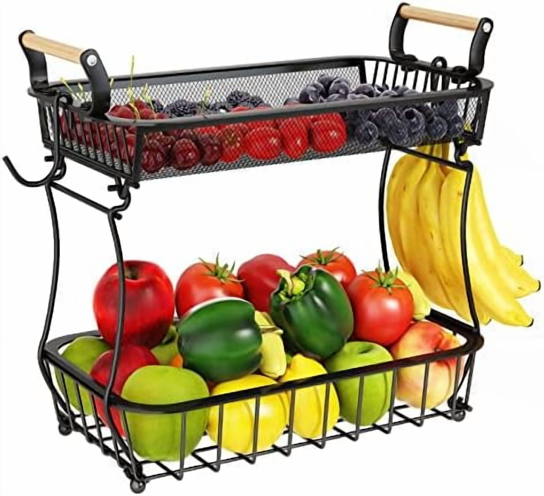 2 Tier Fruit Basket with 2 Banana Hangers, Countertop Fruit Vegetable ...