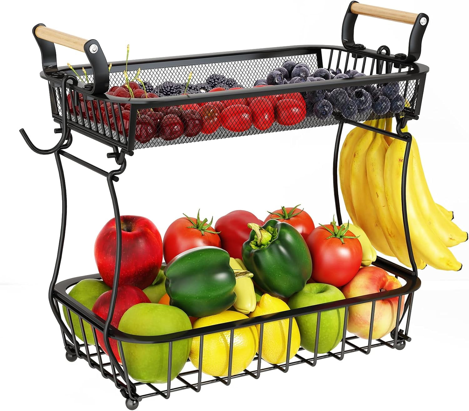 2 Tier Fruit Basket with 2 Banana Hangers, Countertop Fruit Vegetable ...