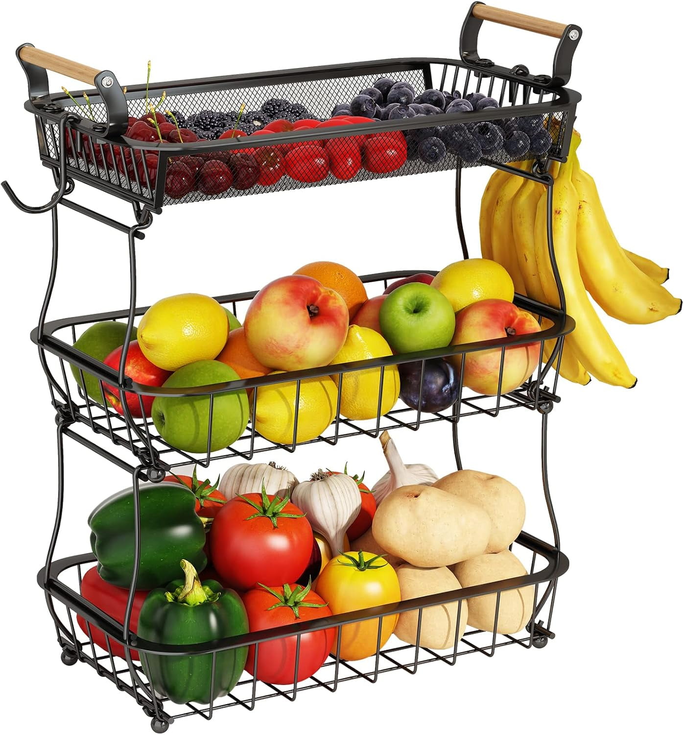 2 Tier Fruit Basket with 2 Banana Hangers, Countertop Fruit Vegetable ...