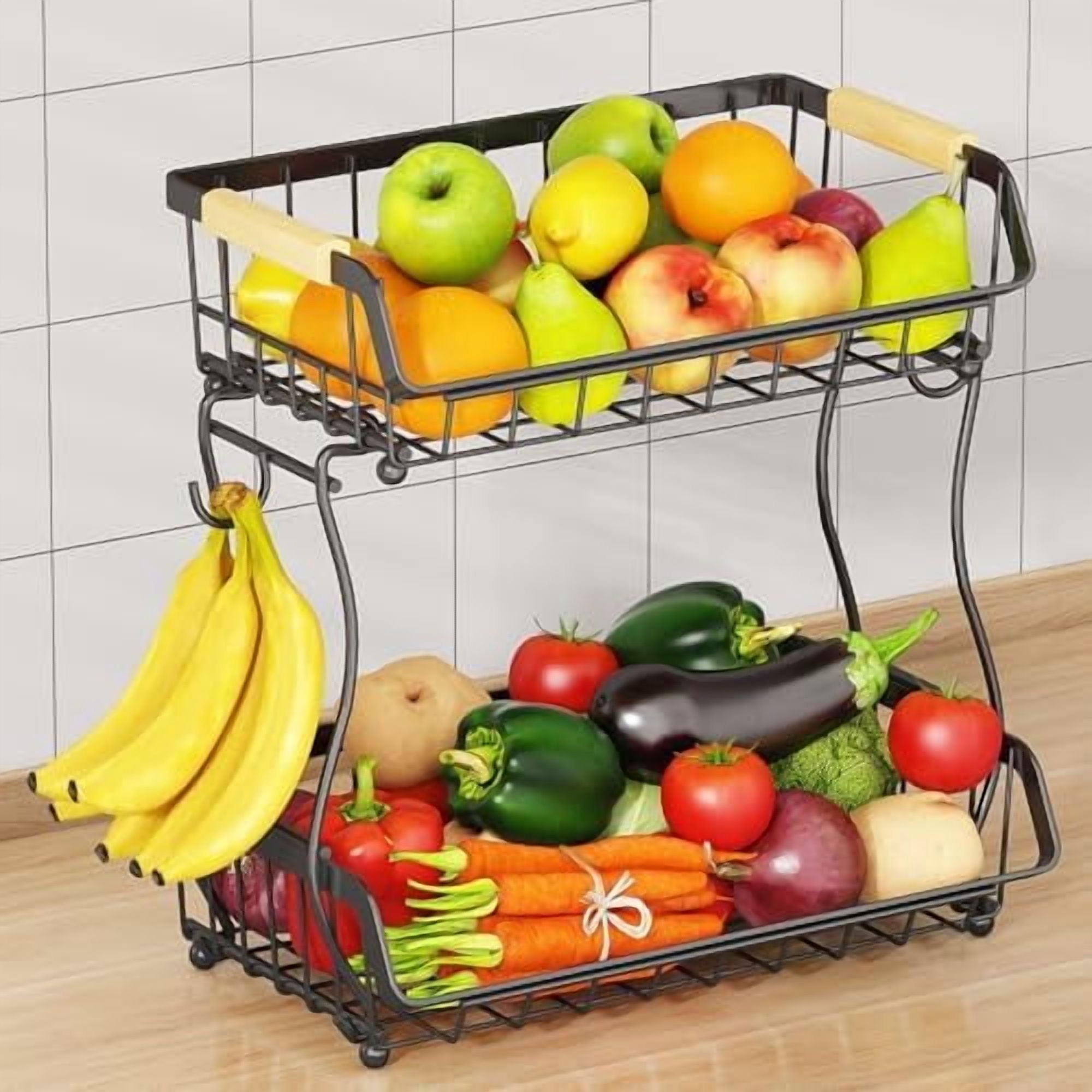 2 Tier Fruit Basket with 2 Banana Hangers, Countertop Fruit Vegetable ...
