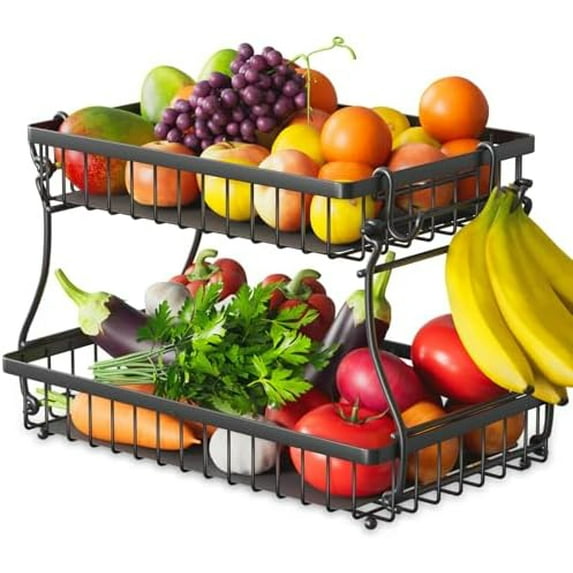 2 Tier Fruit Basket with 4 Banana Hangers, Improved Fruit Bowl for ...