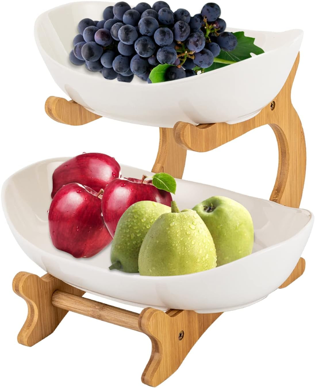 2 Tier Fruit Basket, Fruit Bowl for Kitchen Counter, Bamboo&Ceramic ...