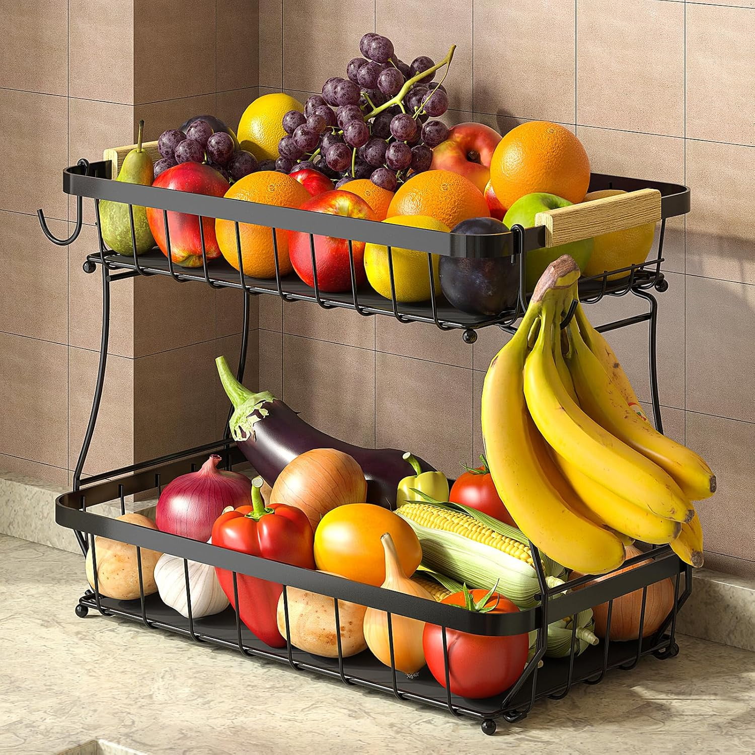 VFDTBUHN 2 Tier Fruit Basket for with 2 Banana Hangers Detachable Metal ...