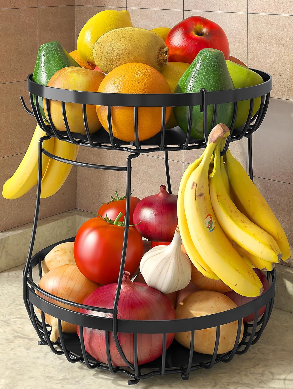 2 Tier Fruit Basket for Kitchen Counter with 2 Banana Hangers, 2025 Pro ...
