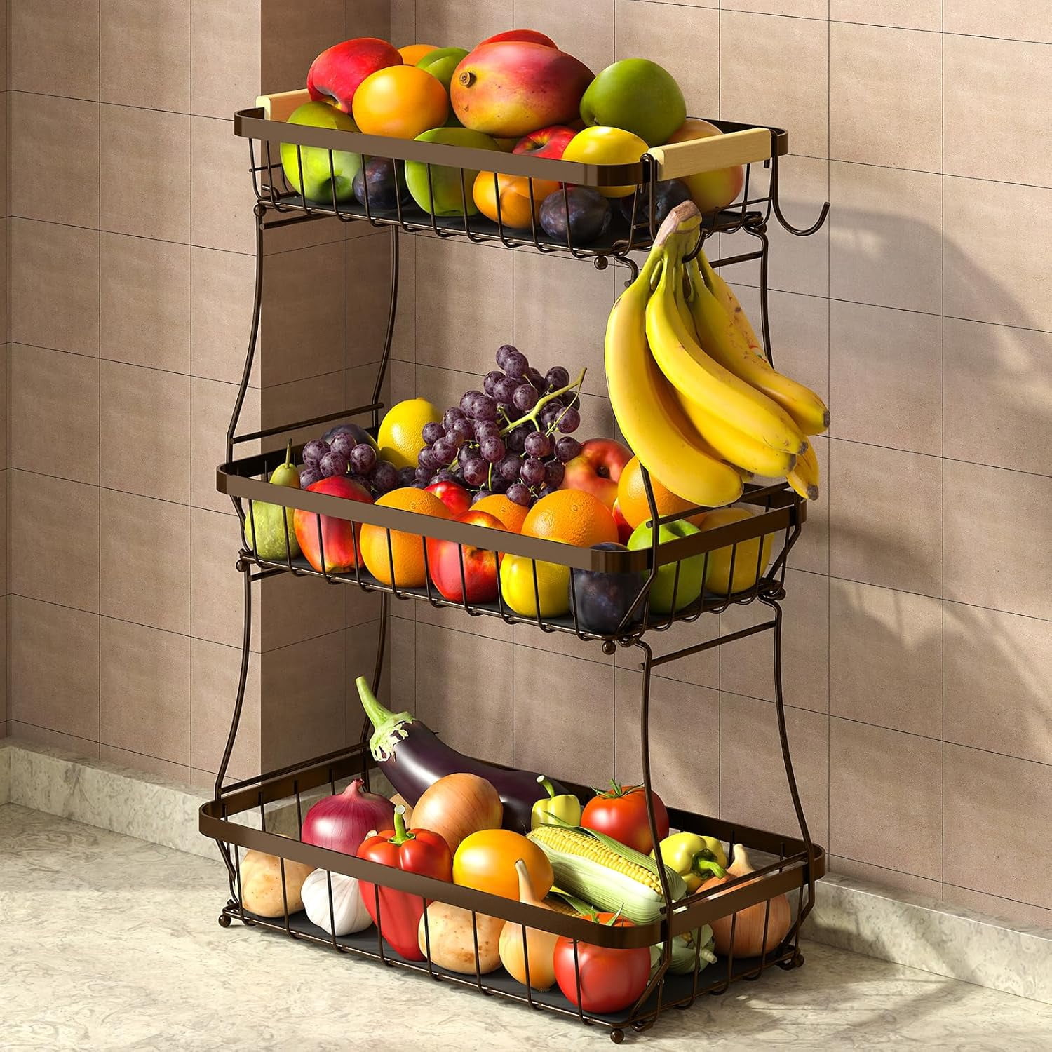 2 Tier Fruit Basket for Kitchen Counter with 2 Mobile Banana Hangers ...