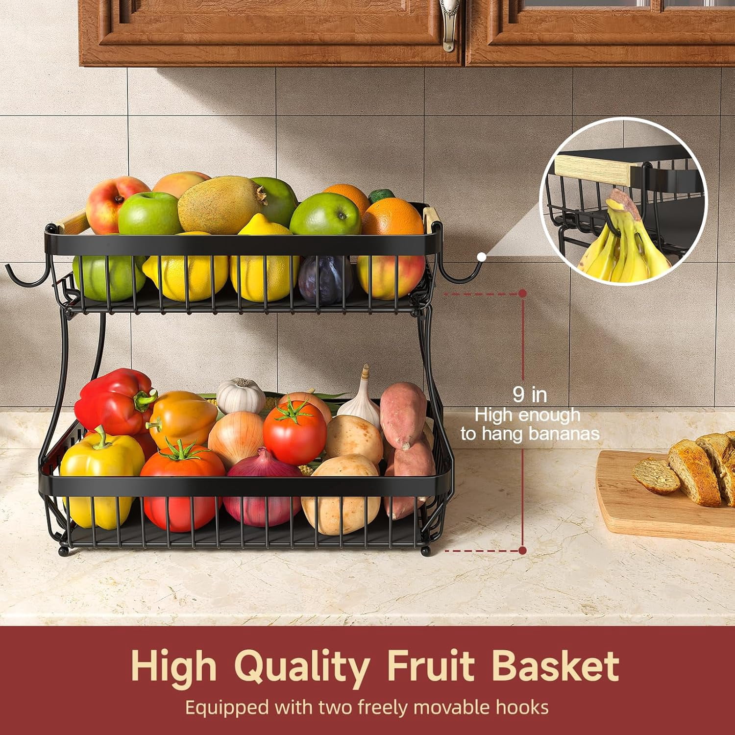 2 Tier Fruit Basket for Kitchen Counter with Mobile Banana Hangers ...