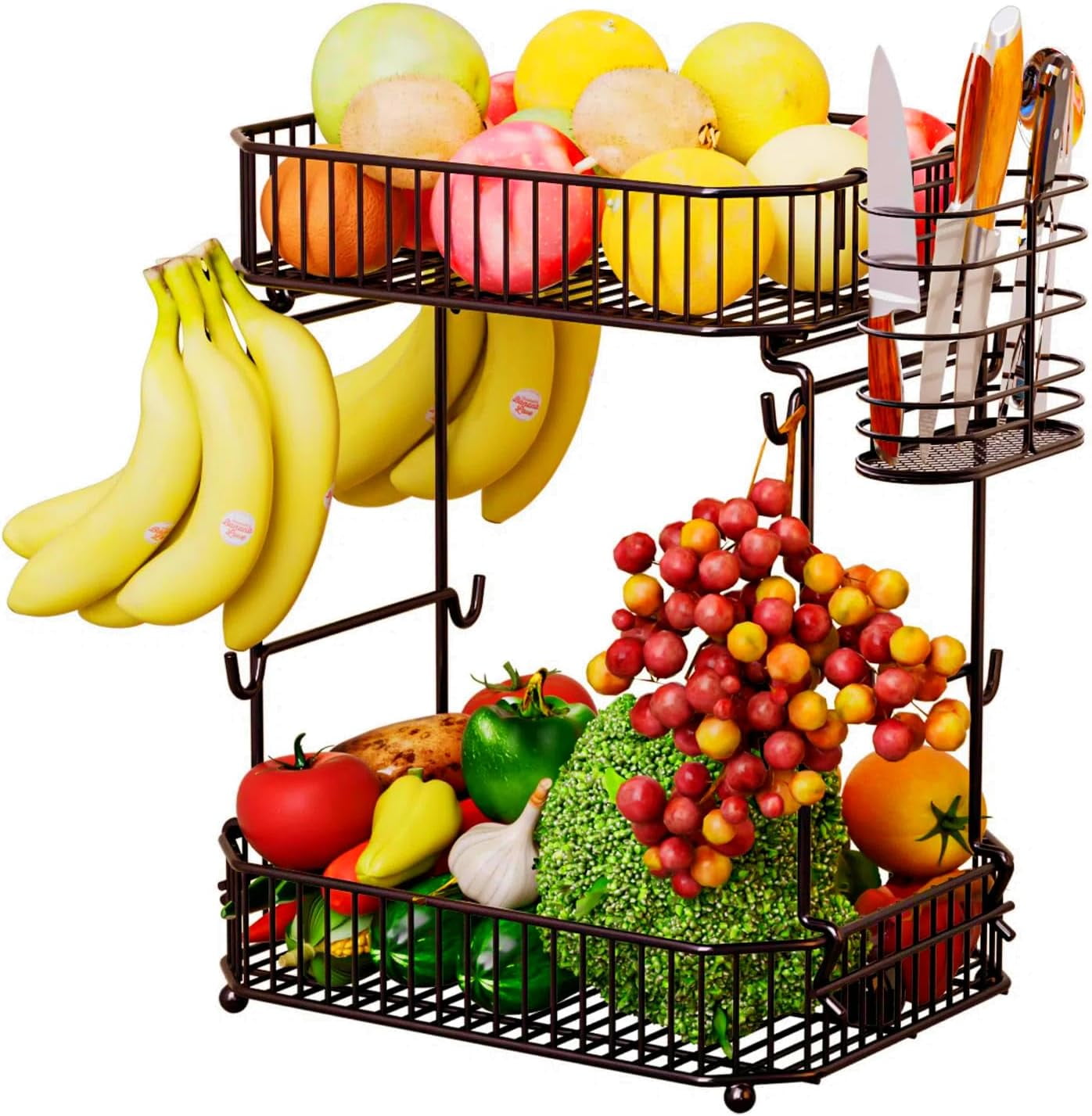 2 Tier Fruit Basket for Kitchen Counter，with Side Storage Basket ...