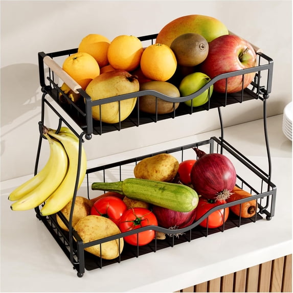 2 Tier Fruit Basket for Kitchen Countertop with 2 Banana Hangers ...