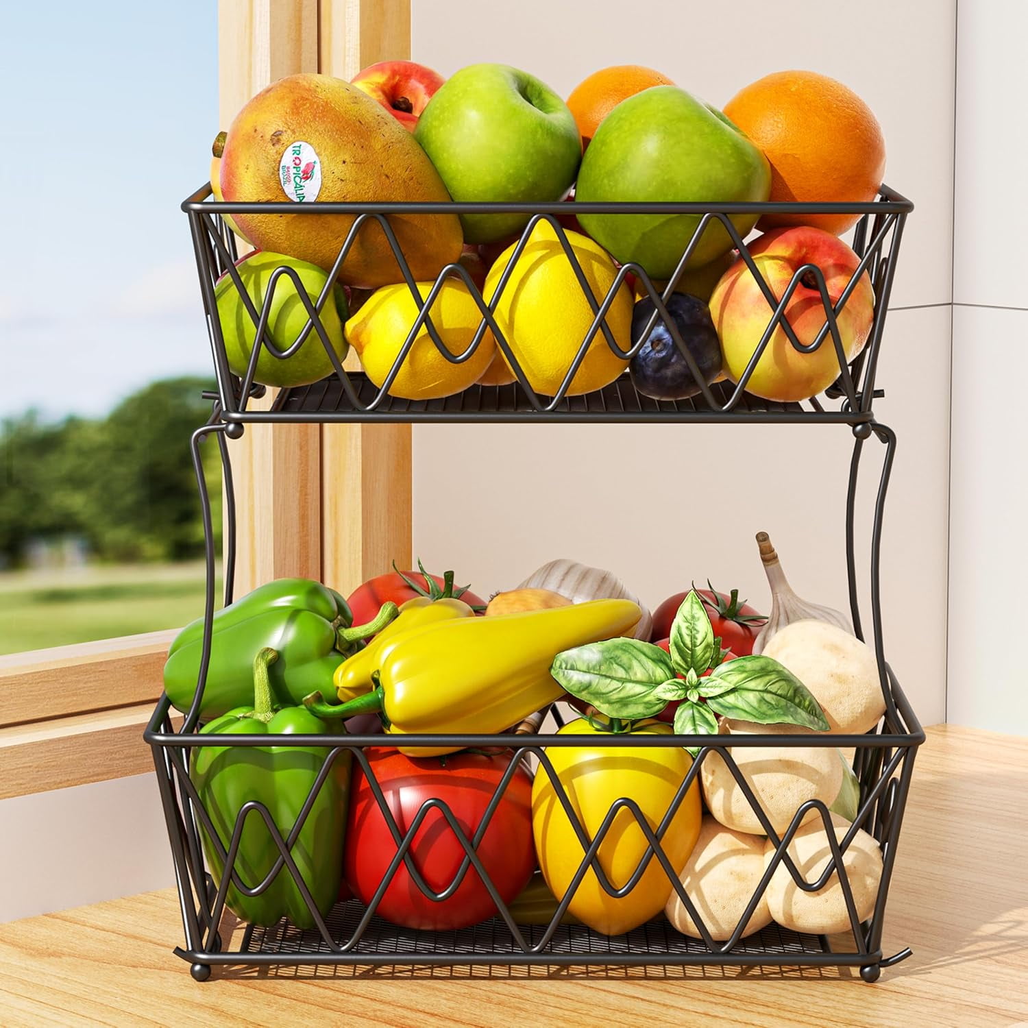 2 Tier Fruit Basket for Kitchen Countertop,Thicken Metal Fruit Bowls ...