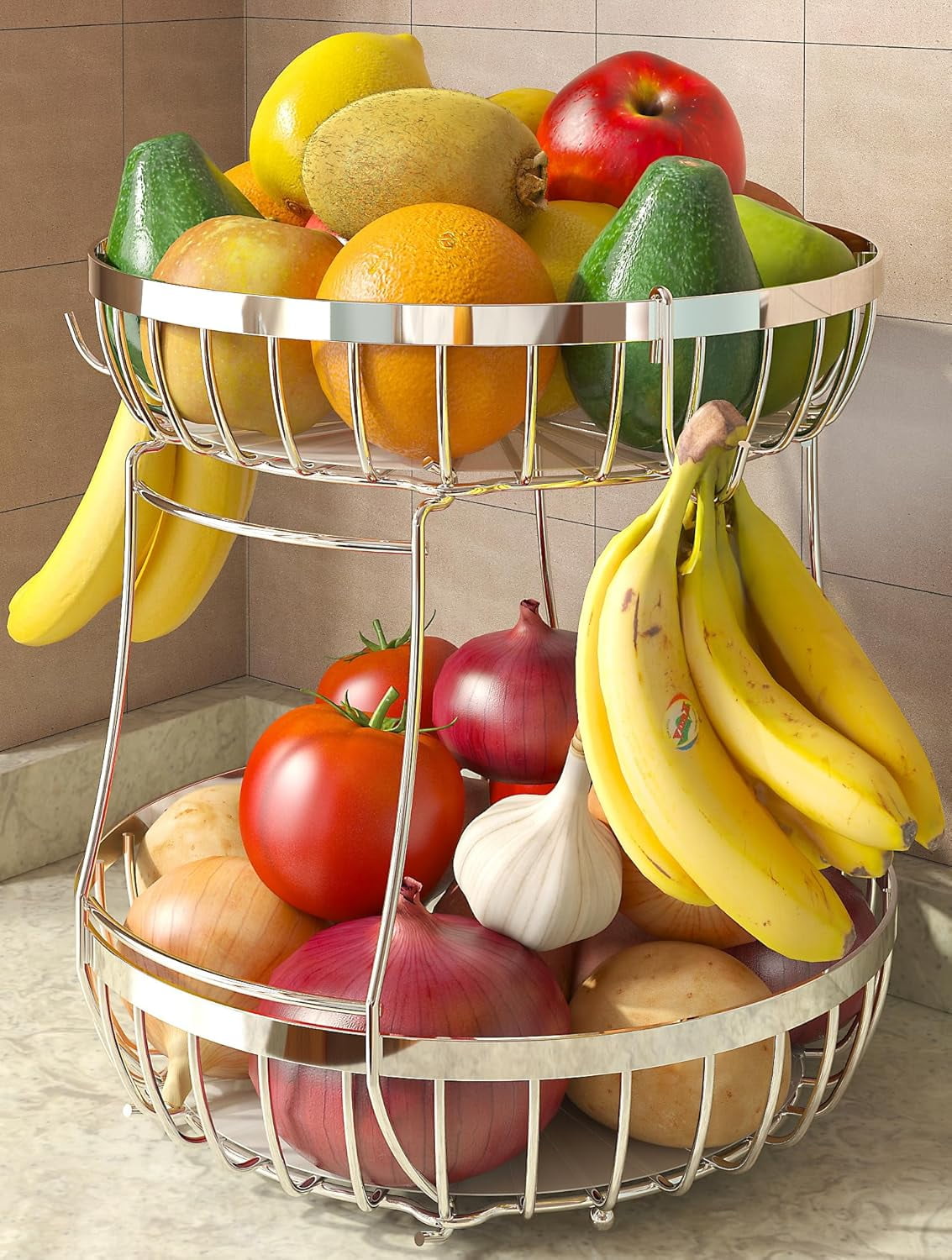2 Tier Fruit Basket for Kitchen Counter with 2 Banana Hangers, Metal ...