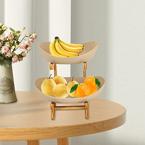2 Tier Fruit Bowl Basket Bamboo Ceramic Fruit Storage Bowl Tray for ...