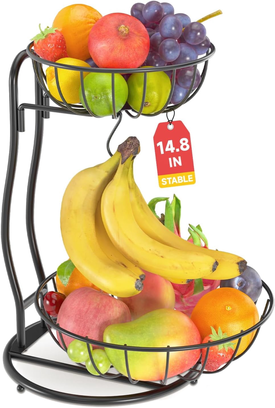 2 Tier Fruit Bowl Basket for Kitchen Counter with Banana Hanger, Metal ...