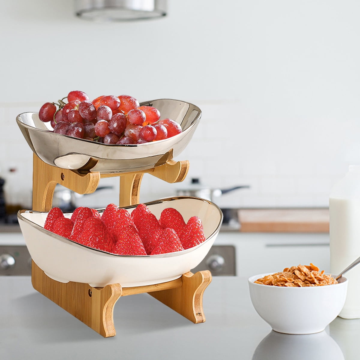 2-Tier Fruit Bowl Fruit Basket for Countertop Ceramic Vegetable Fruit ...