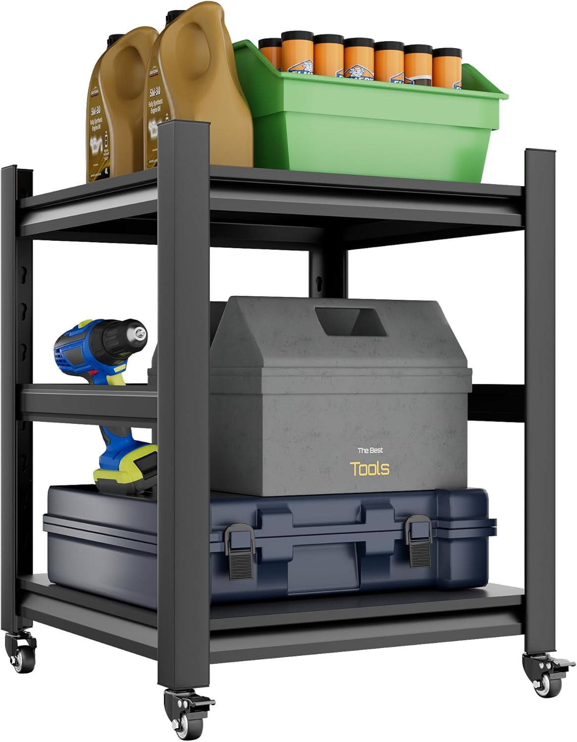 2 Tier Garage Shelving with Wheels and Fences Unit Heavy Duty Storage ...