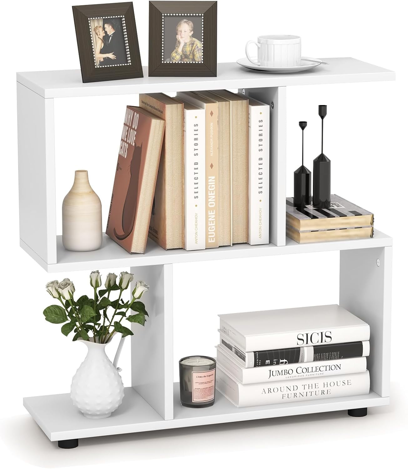 2 Tier Geometric Bookshelf, Freestanding Wood Display Shelf, Home ...