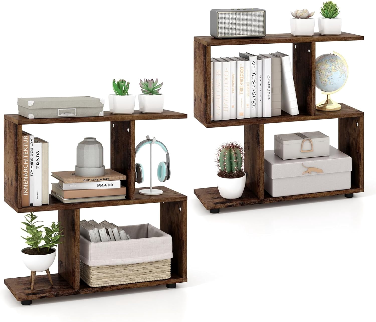 2 Tier Geometric Bookshelf Freestanding Wood Display Shelf Office Décor ...