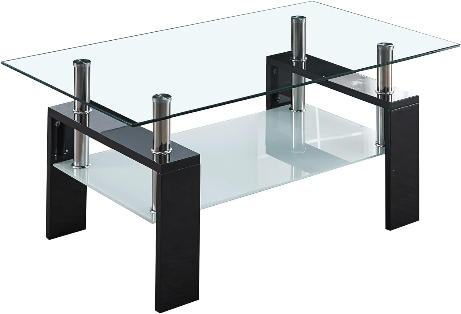 2-Tier Glass Coffee Table, Rectangle Center Table with Double-Layer ...