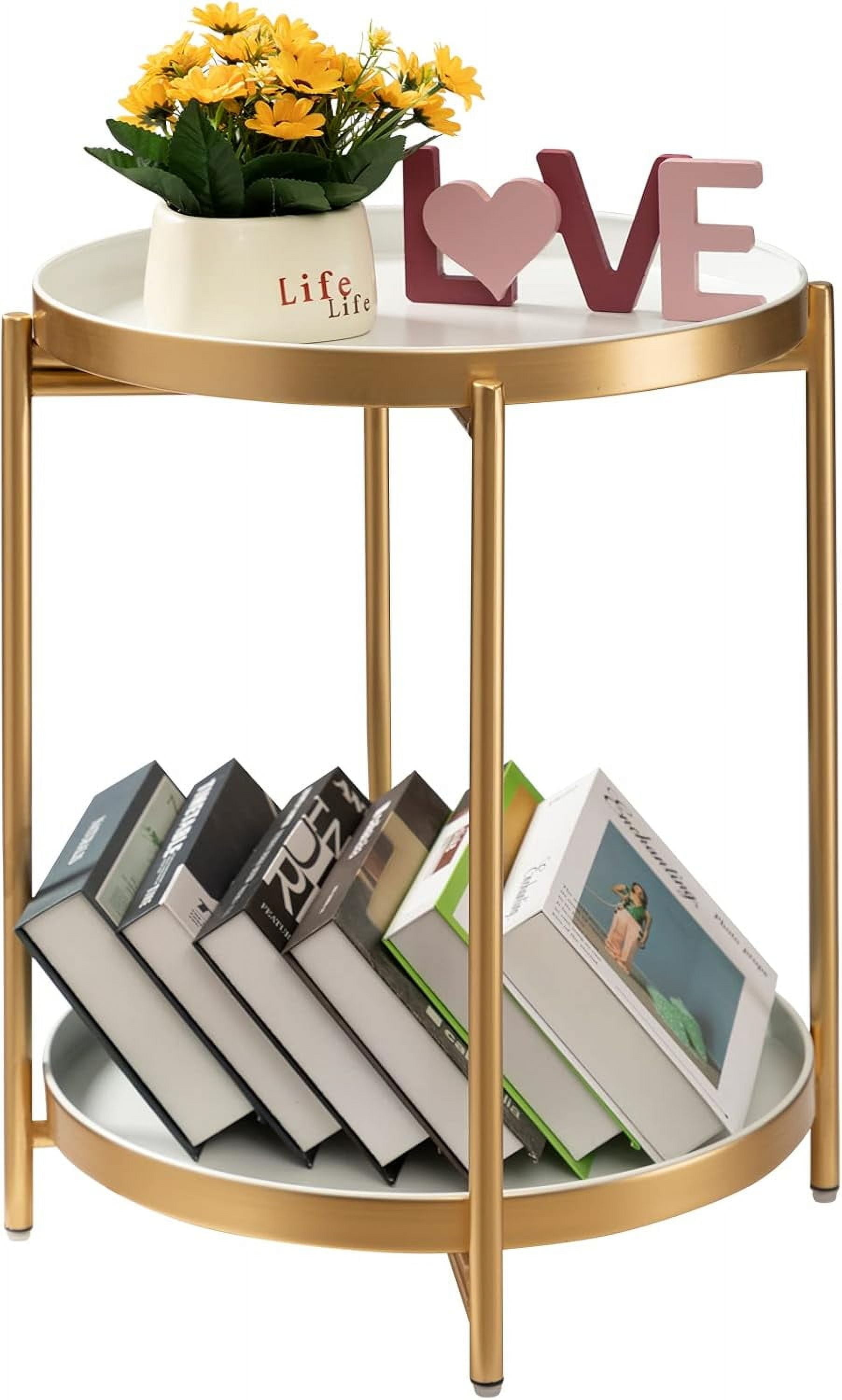 2 Tier Gold Side Table, Folding Round Metal End Table Small Nightstand with Two Removable Tray ...