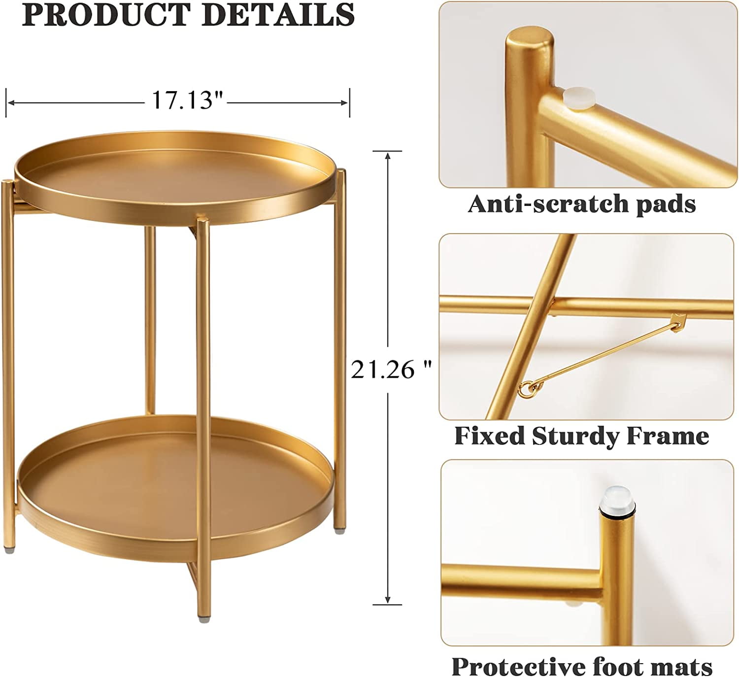 2 Tier Gold Side Table, Folding Round Metal End Table Small Nightstand ...