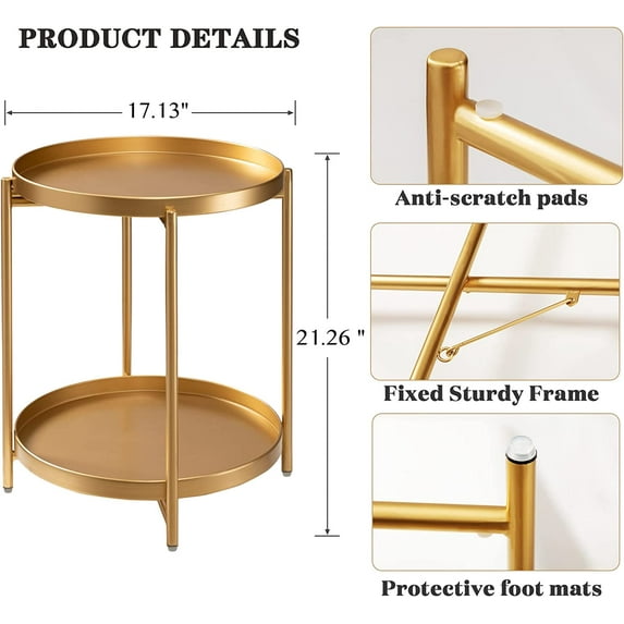 2 Tier Gold Side Table, Folding Round Metal End Table Small Nightstand ...