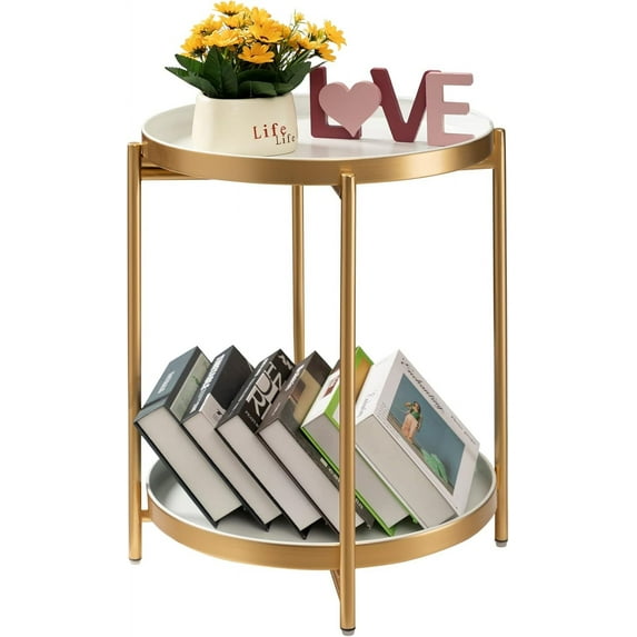 2 Tier Gold Side Table Folding Round Metal End Table Small Nightstand ...