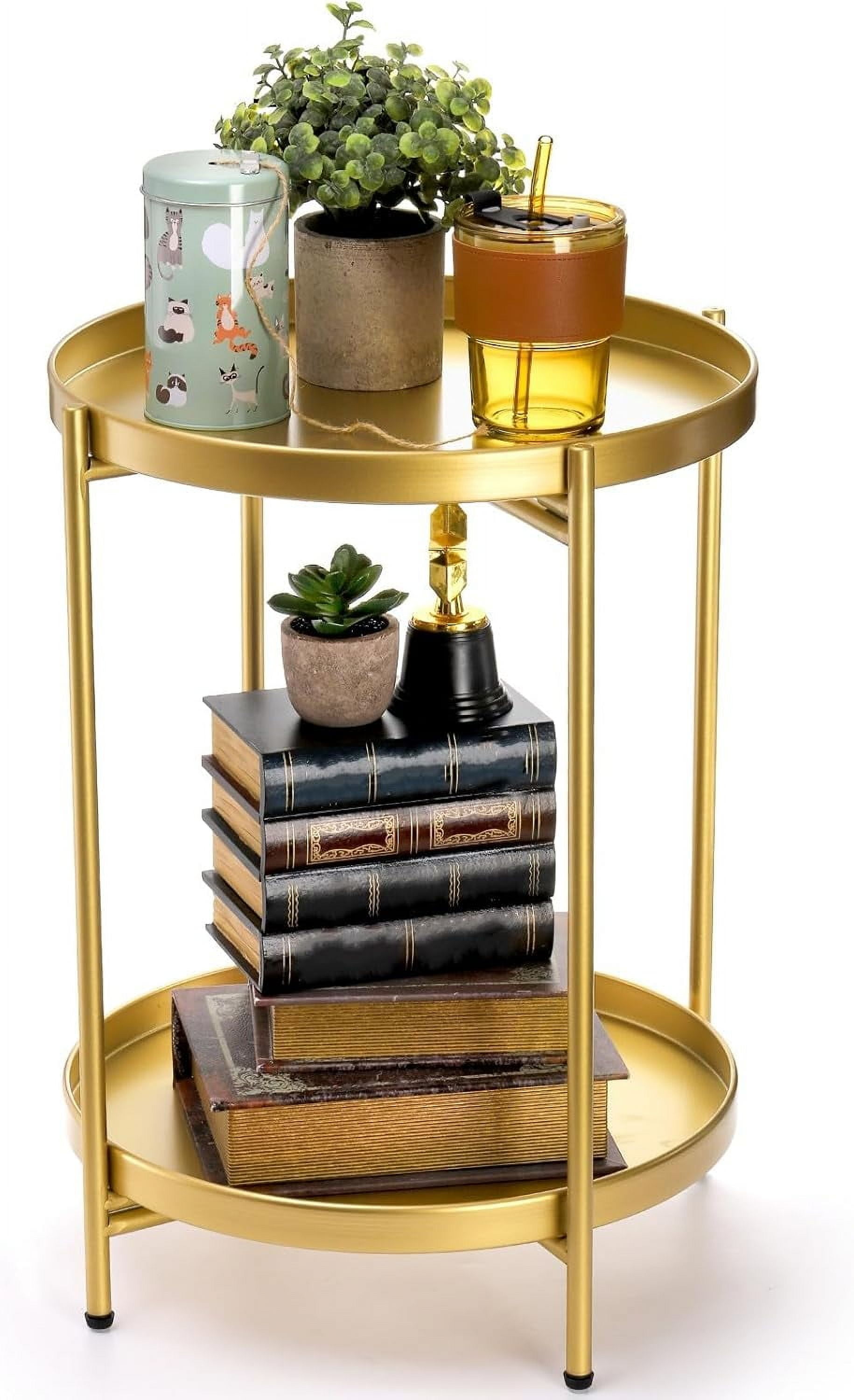 2 Tier Gold Side Table, Metal Round End Table with Removable Tray ...