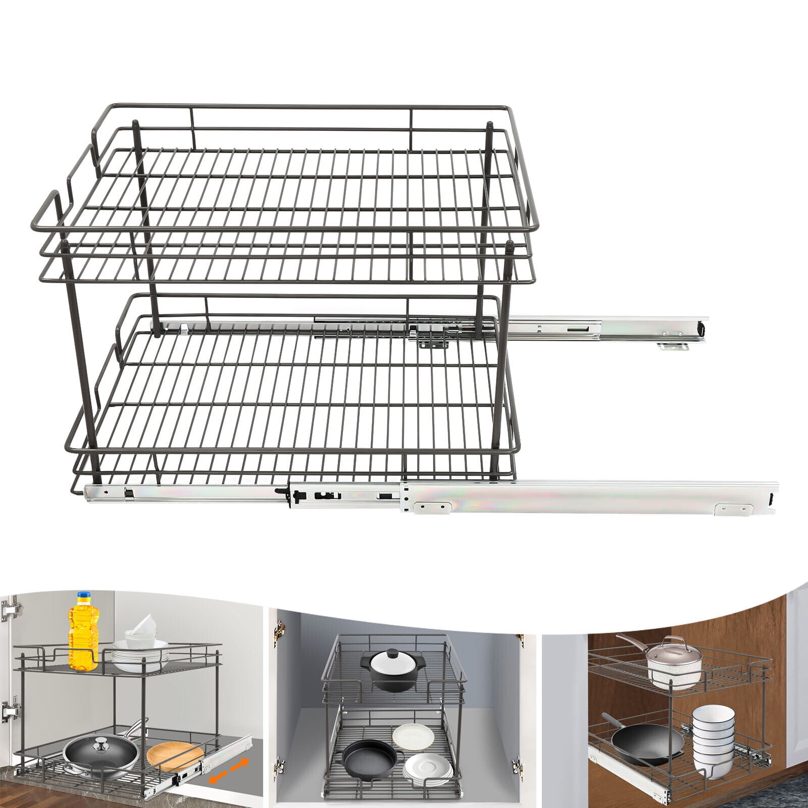 2-Tier Gray Kitchen Cabinet Pull Out Shelf and Drawer Organizer Slide ...