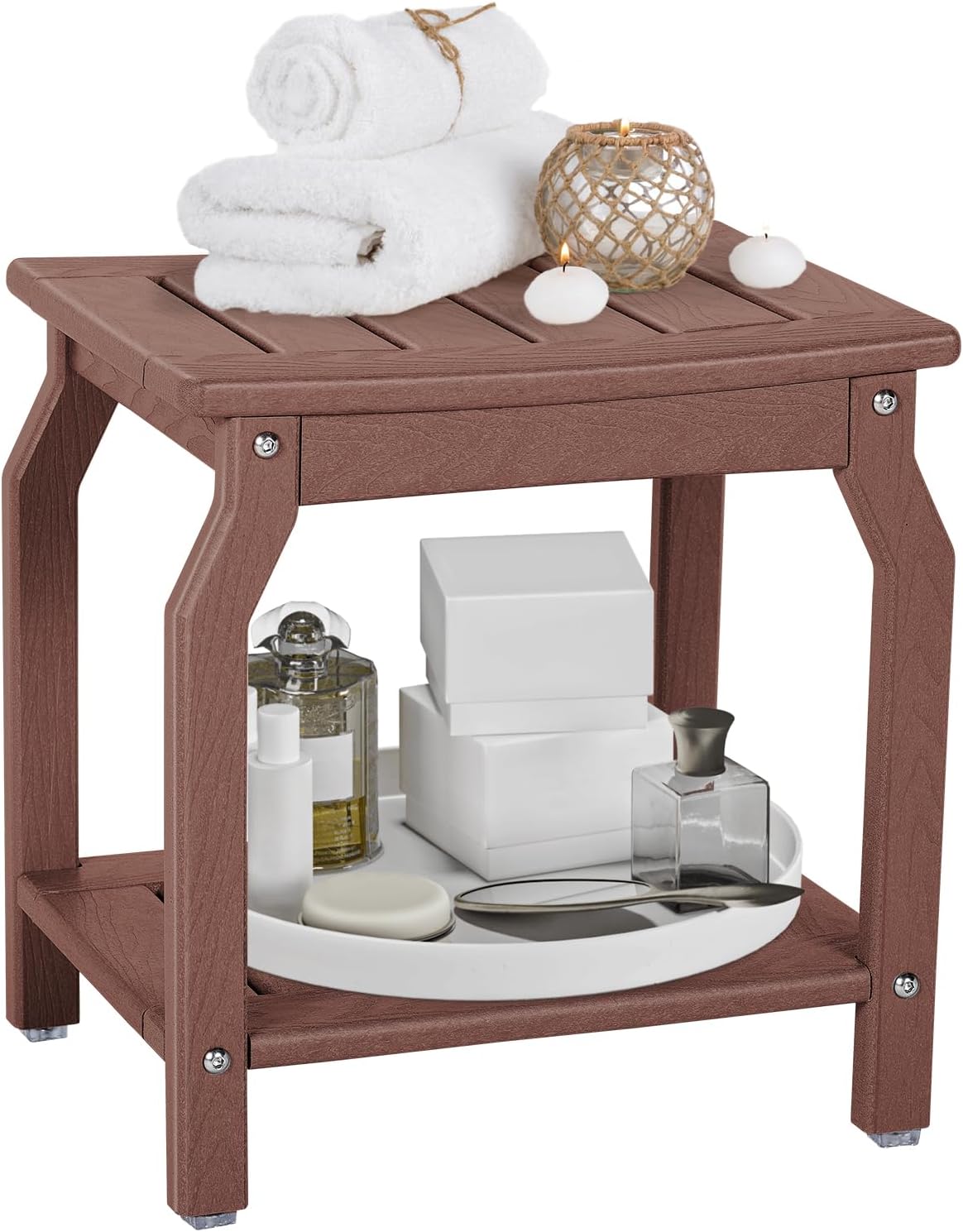 2-Tier HDPE Shower Bench with Non-Slip Foot Pads, Wood-Like Spa Shower ...