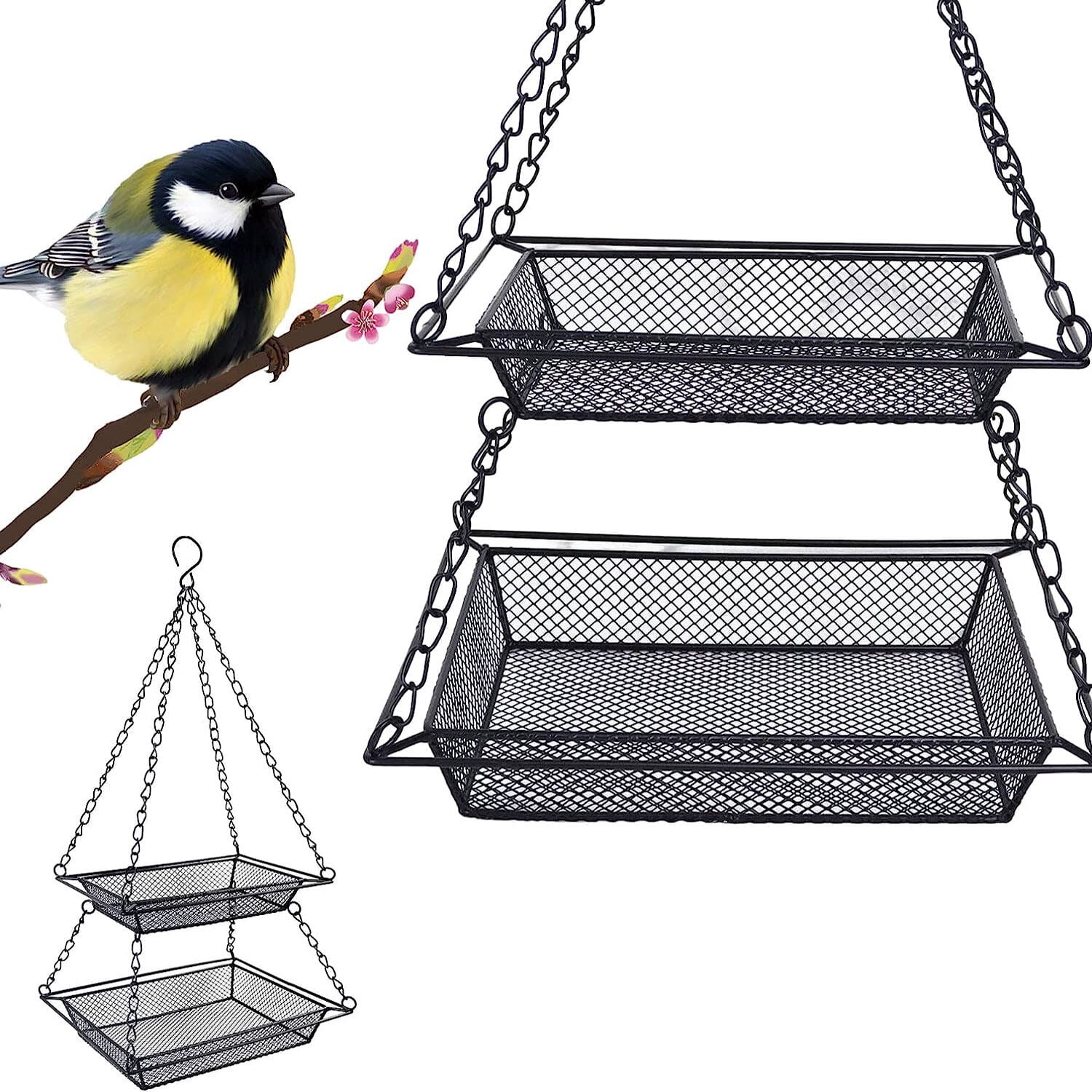 2 Tier Hanging Bird Feeder Tray, Square Birdfeeder Tray With Chains ...