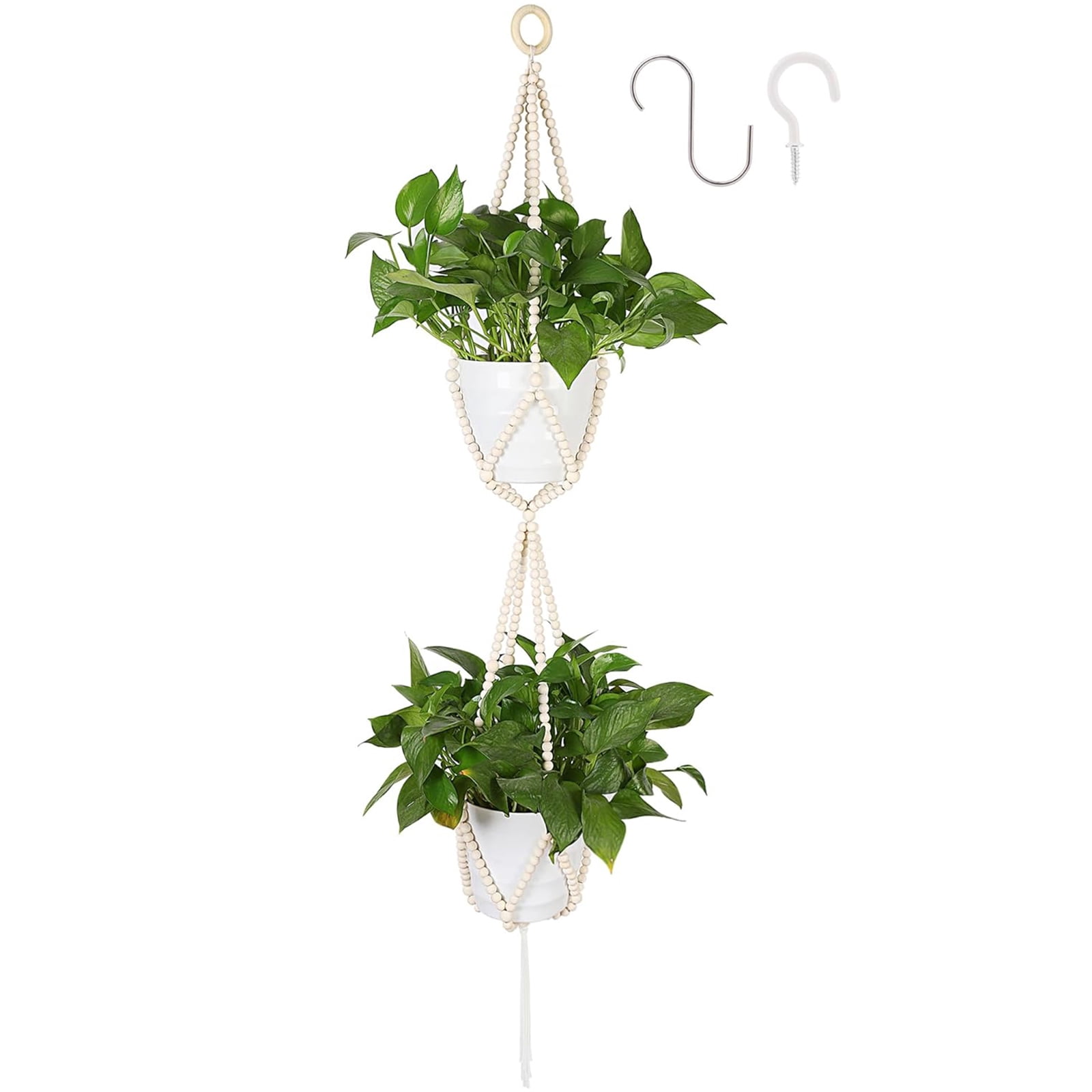 2 Tier Hanging Planter Basket,Wood Bead Double Plant Hanger,Sturdy ...