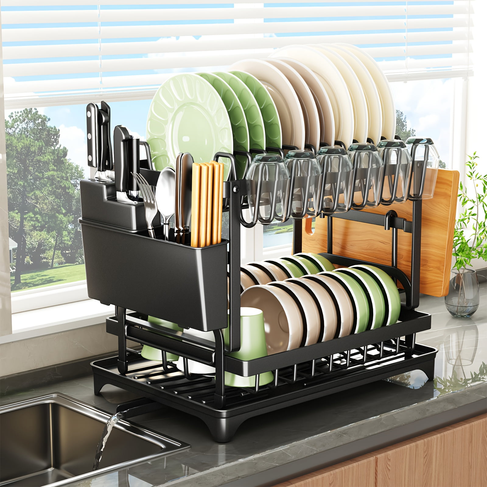 2-Tier Heavy-Duty Cast Iron Dish Drying Rack (Black) - Extra Large ...