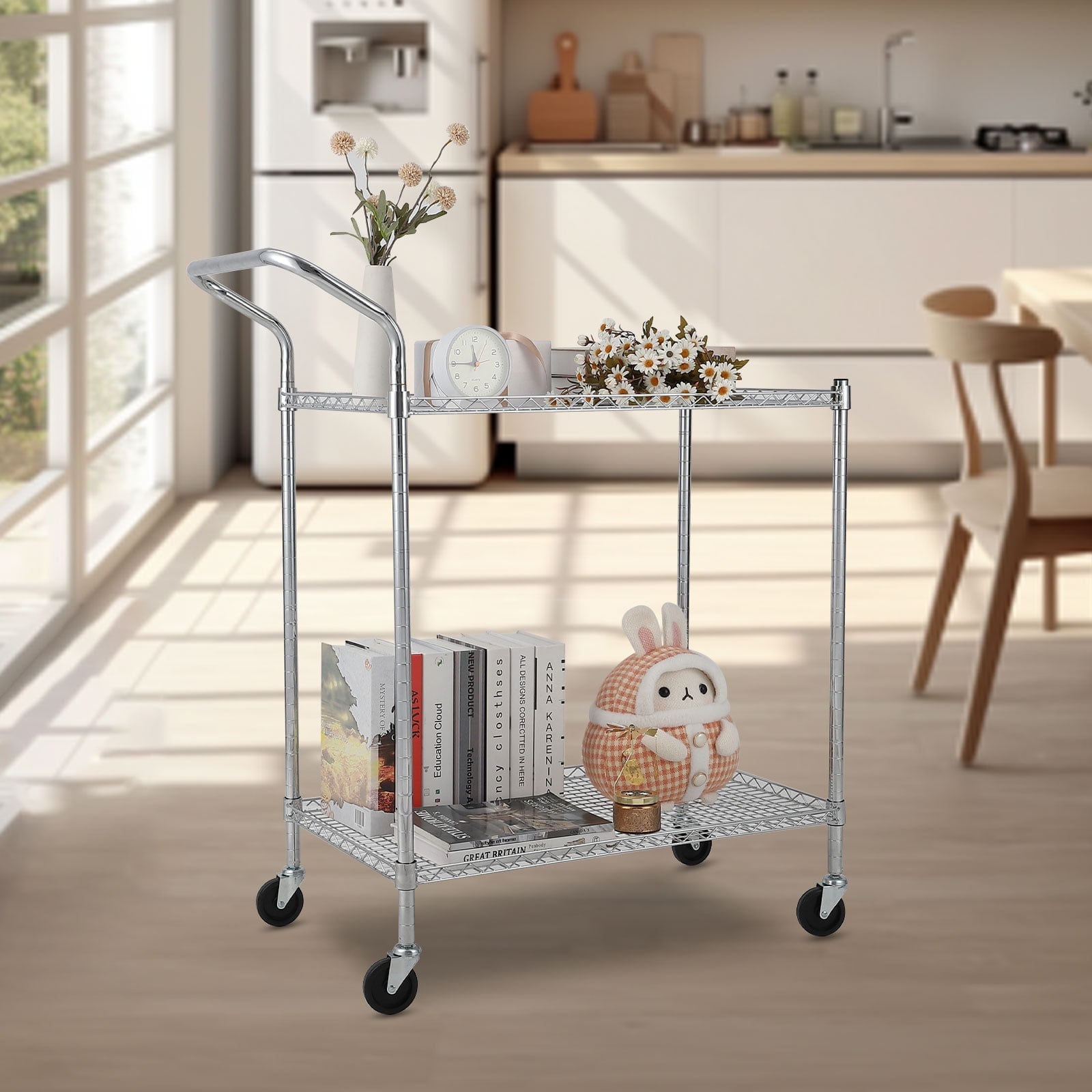 2-Tier Heavy Duty Utility Cart with Handle - Alloy Steel Rolling Cart ...