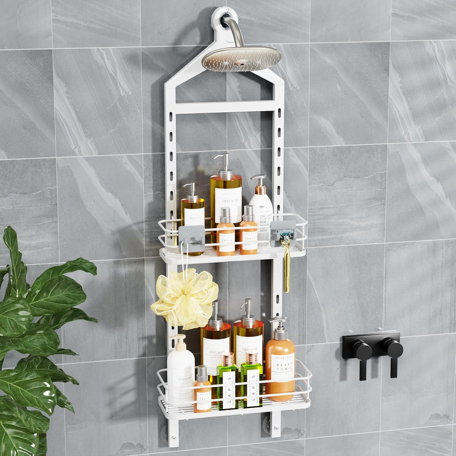 2 Tier Height-Adjustable Shower Caddy Hanging Anti-Swing-Over The ...