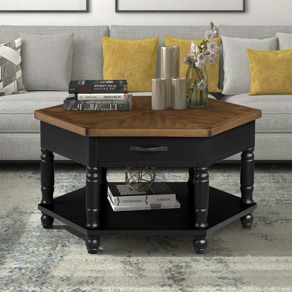 2-Tier Hexagon Solid Wood Coffee Table, 36" Retro Center End Table with ...