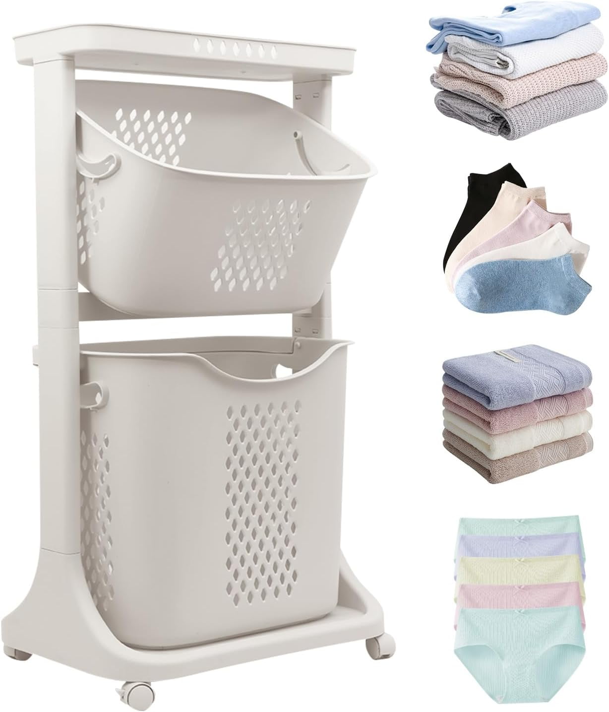 2-Tier Household Laundry Hamper Sorter, White Removable Laundry Baskets ...