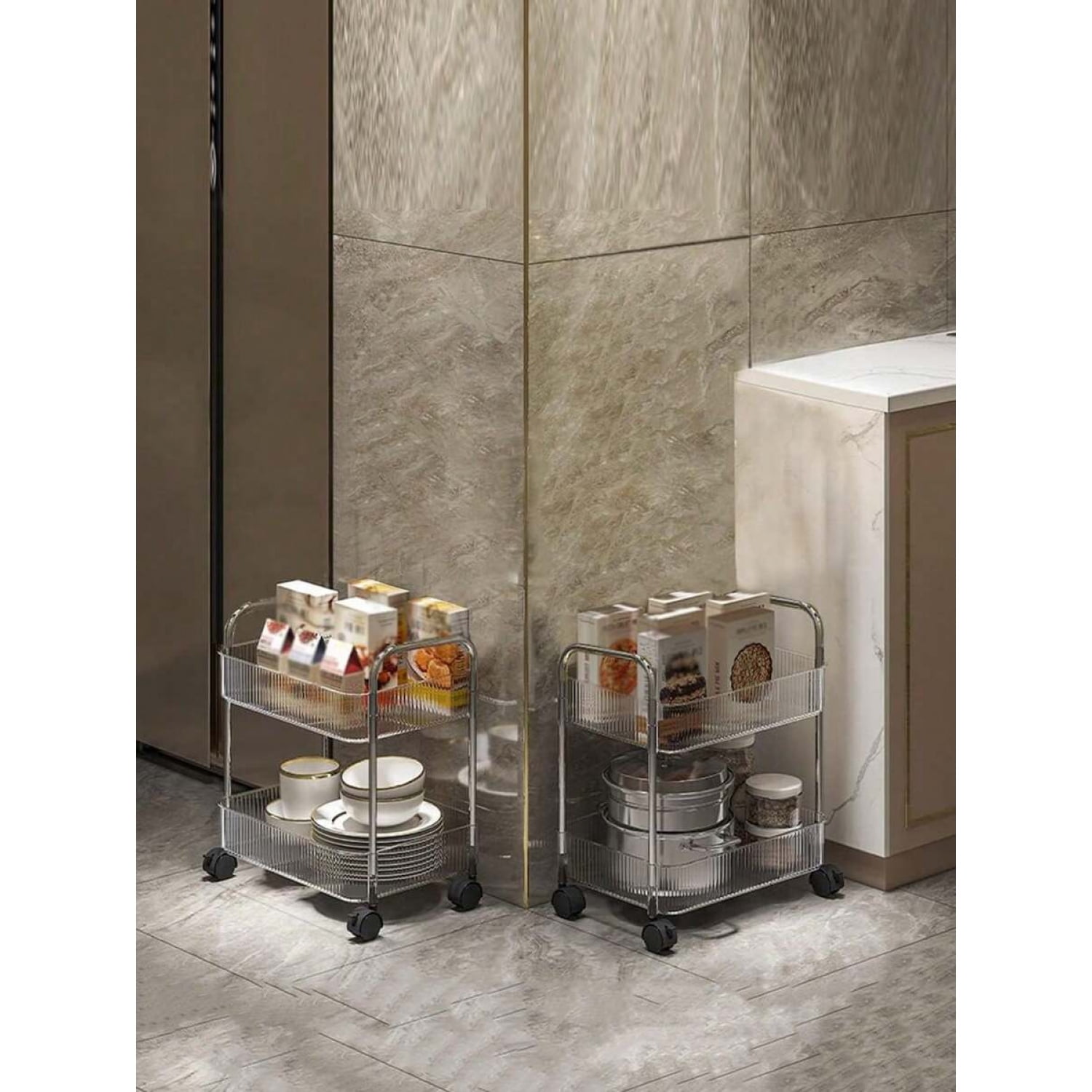 2-Tier Household Transparent Movable Cosmetic Small Cart Storage Rack ...
