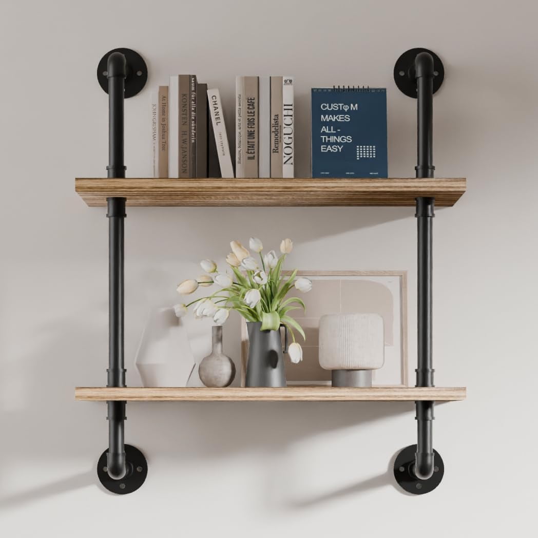 2 Tier Industrial Pipe Shelf, 24 Inch Industrial Wall Shelves, Rustic ...