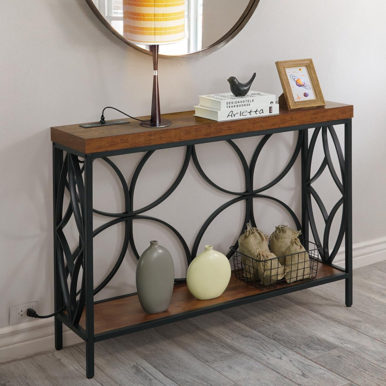 2-Tier Industrial Sofa Console Thick Table w/Storage & Charging Station ...