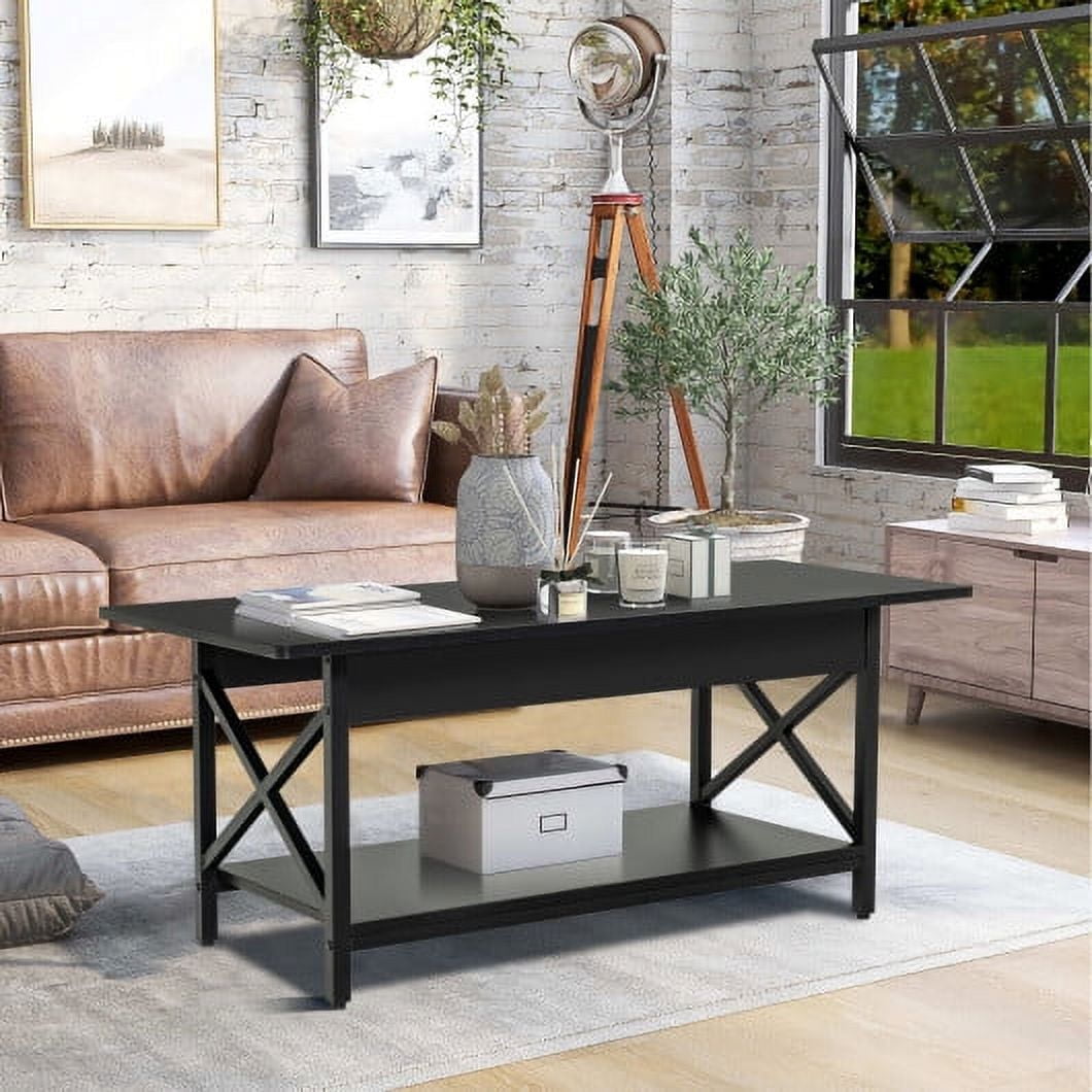 2-Tier Industrial Wood Coffee Table with Storage Shelf, Black, 44" x 24 ...