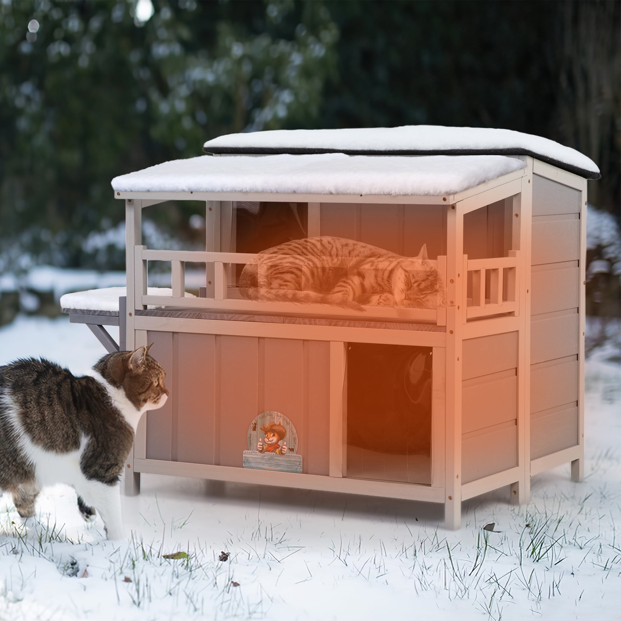 2-Tier Insulated Cat House, Outdoor Warm Wood Cat Shelter with Sunlight ...