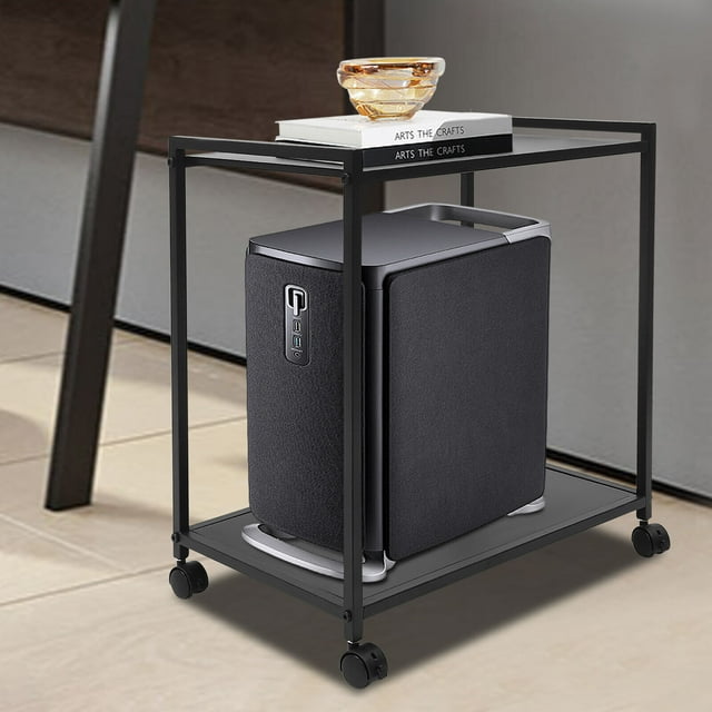 2-Tier Iron CPU Stand with Lockable Wheels Mobile Computer Tower Stand ...