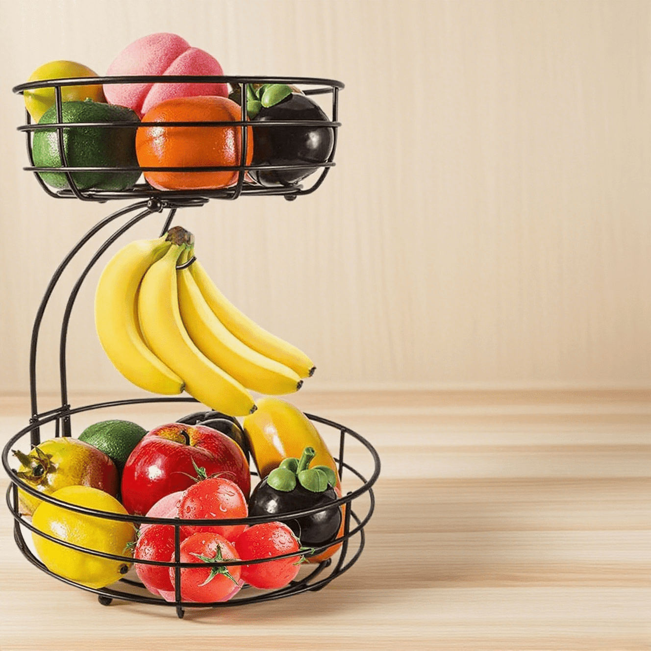 2-Tier Iron Countertop Storage - Fruit Vegetable Basket with Banana ...