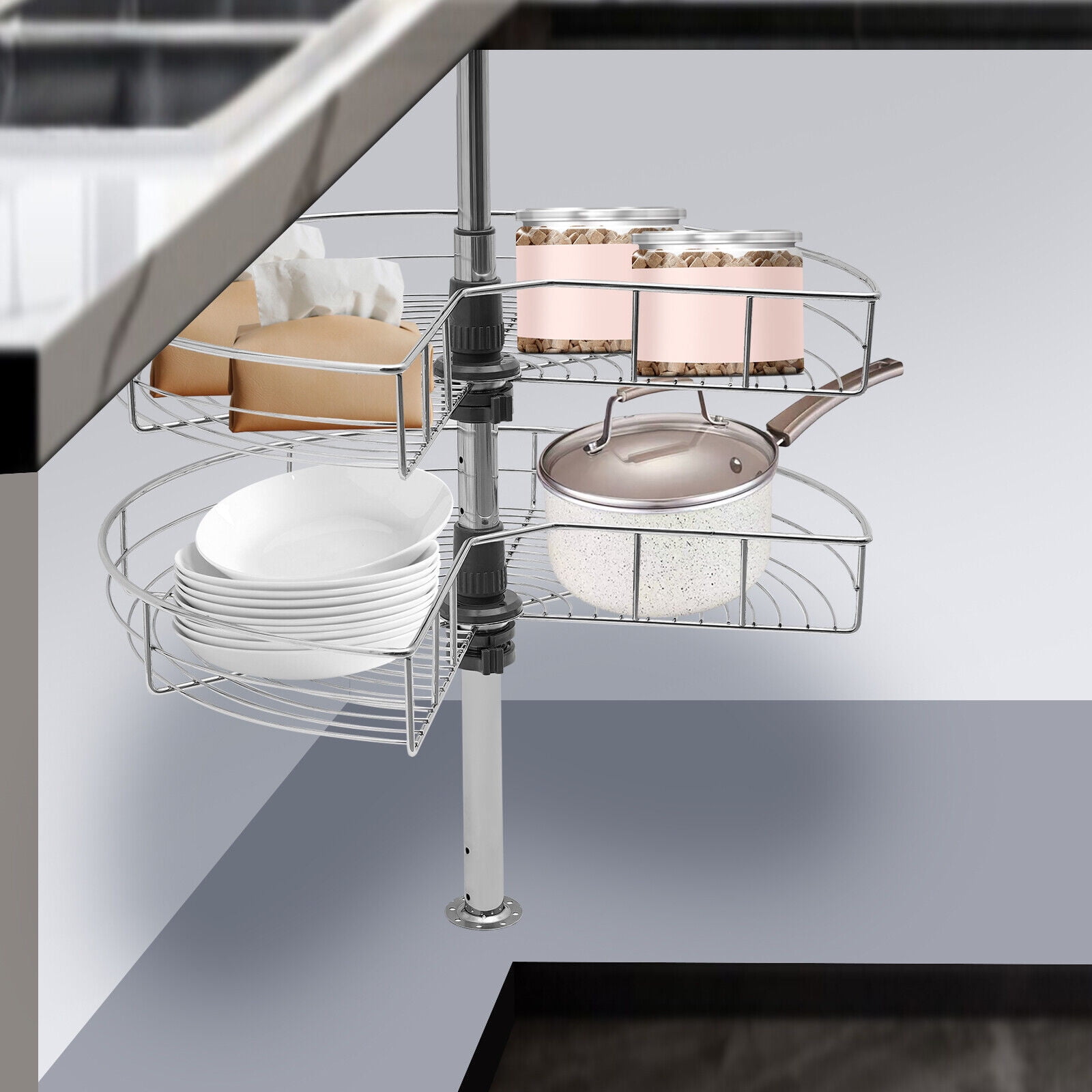 2-Tier Kidney Chrome Corner Rack Cabinet Organizer 24" Kitchen Cabinet ...