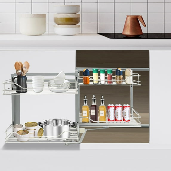 2-Tier Kitchen Cabinet Pull Out Shelf Organizer Slide Out Drawer 27 ...